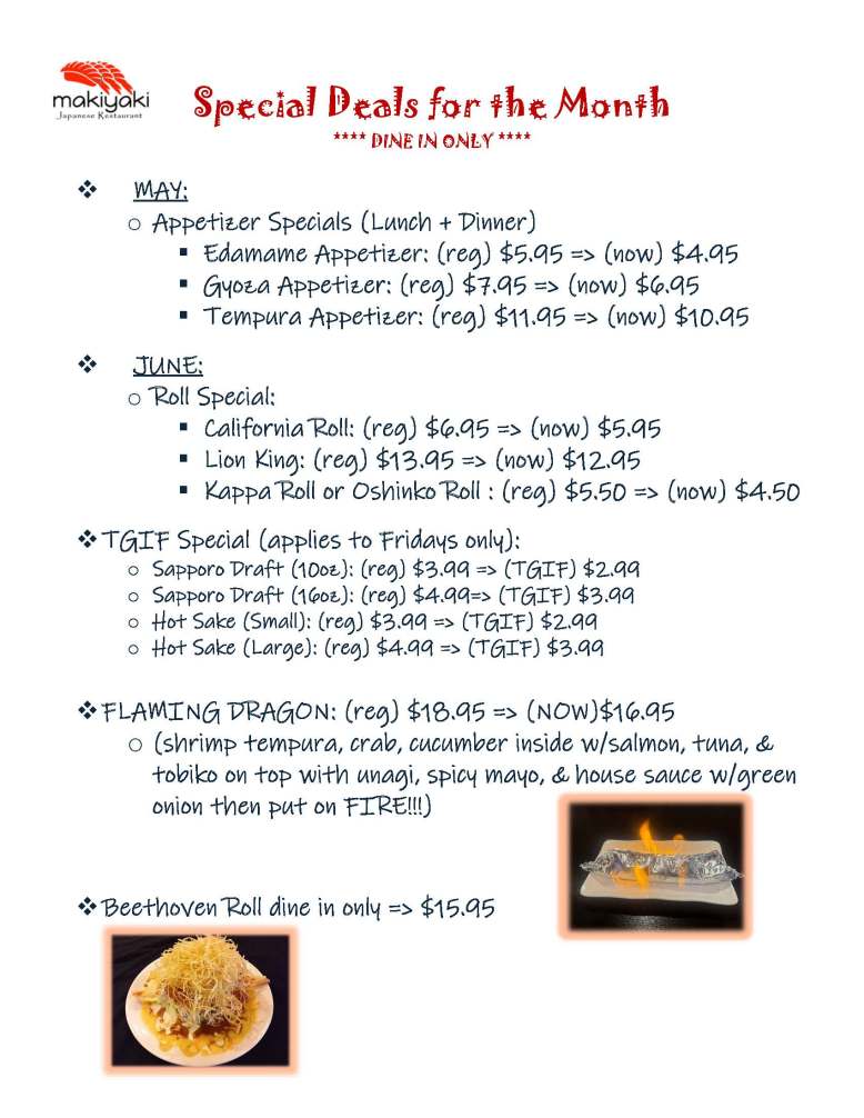 We now have special deals for each month. Below are the upcoming deals ...